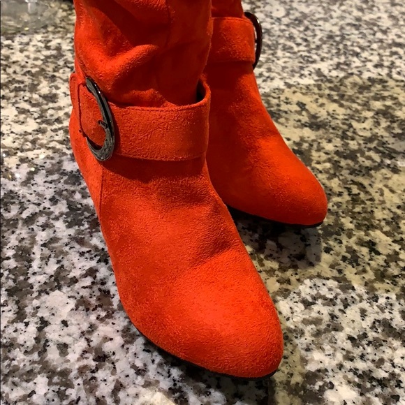 Shoes | Red Suede Slouch Heeled Boots | Poshmark